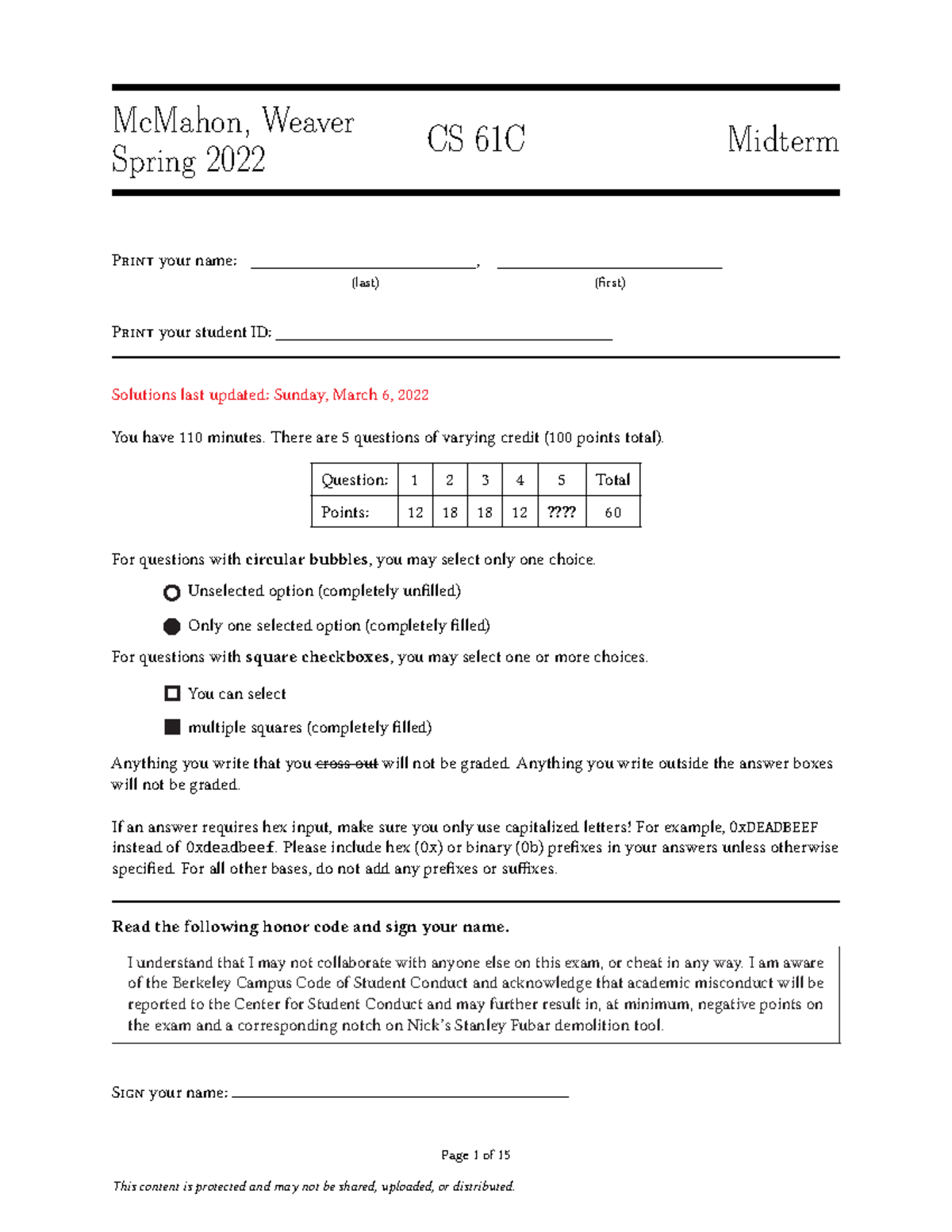 Sp22-midterm-sols - McMahon, Weaver Spring 2022 CS 61C Midterm Print your name: , (last) (first ...