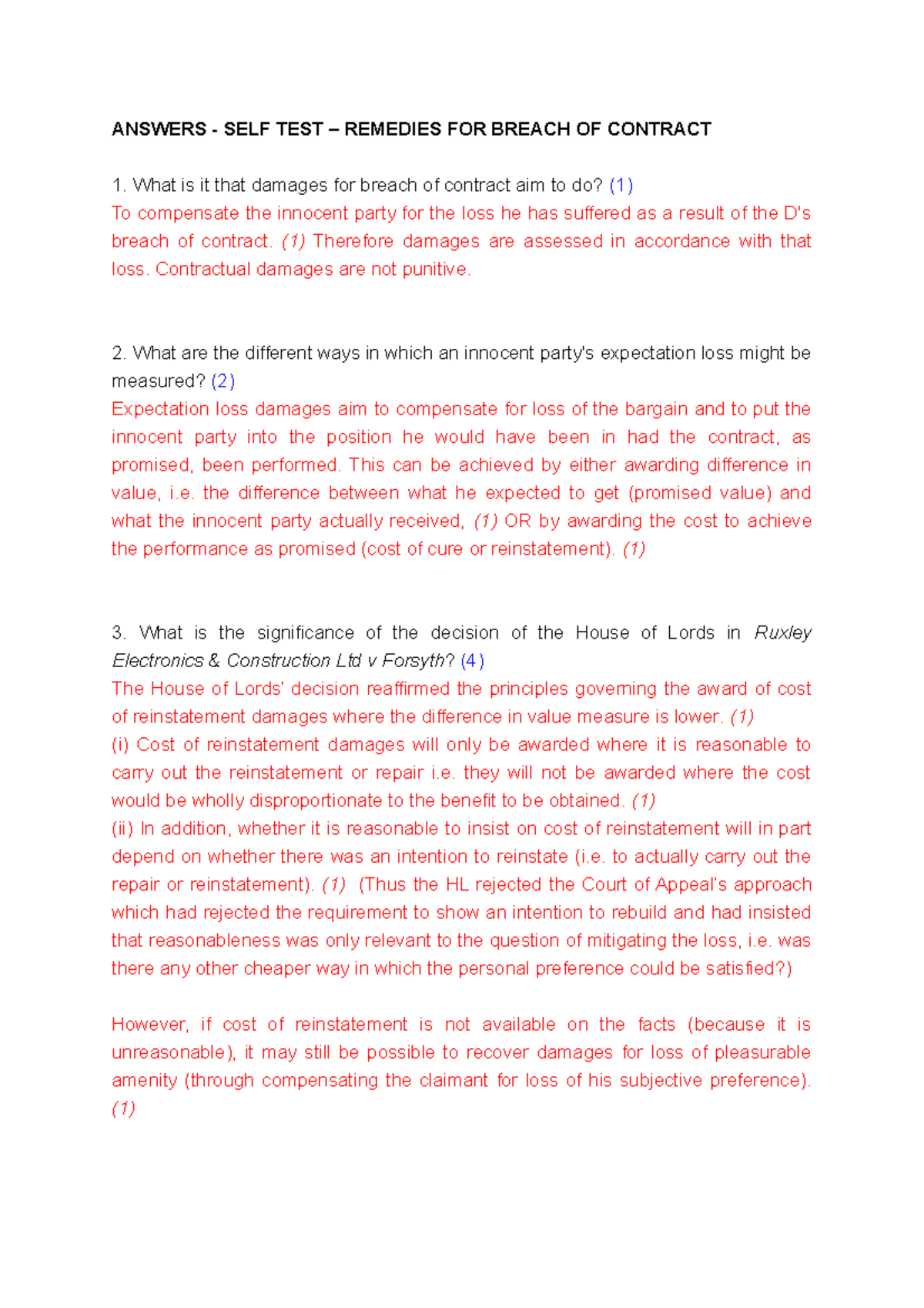 Damages sample revision answers - ANSWERS - SELF TEST – REMEDIES FOR ...