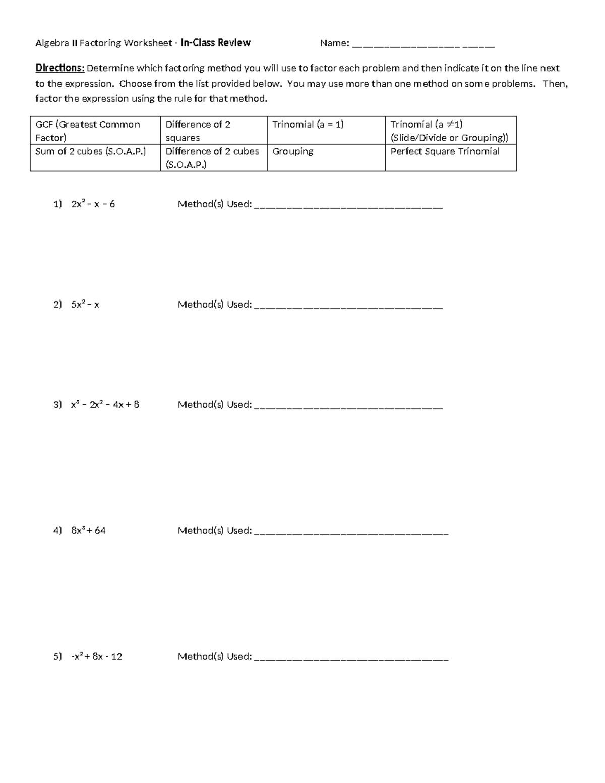 In+class+Factoring+Review - Algebra II Factoring Worksheet - In-Class ...