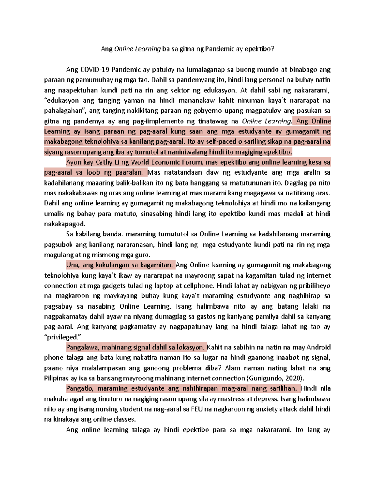 Posisyong Papel - Position Paper - Ang Online Learning ba sa gitna ng ...