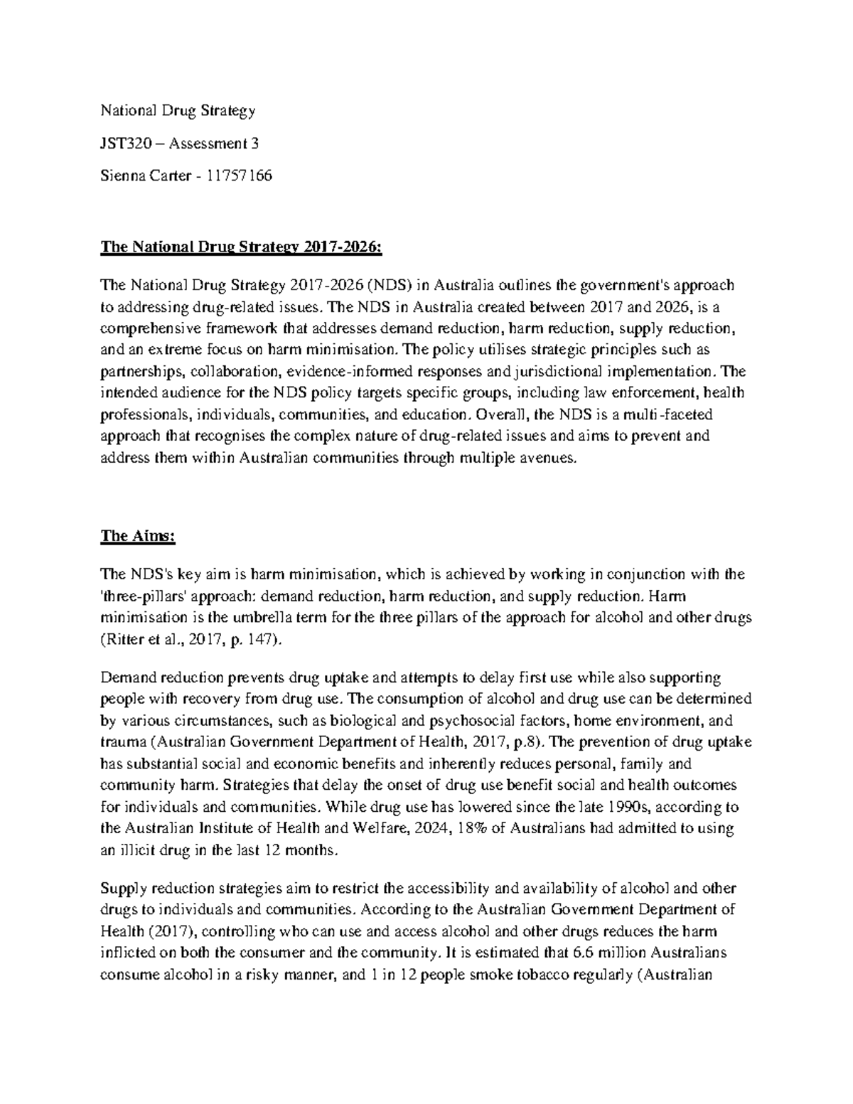 JST320 NDS - final assessment - National Drug Strategy JST320 ...