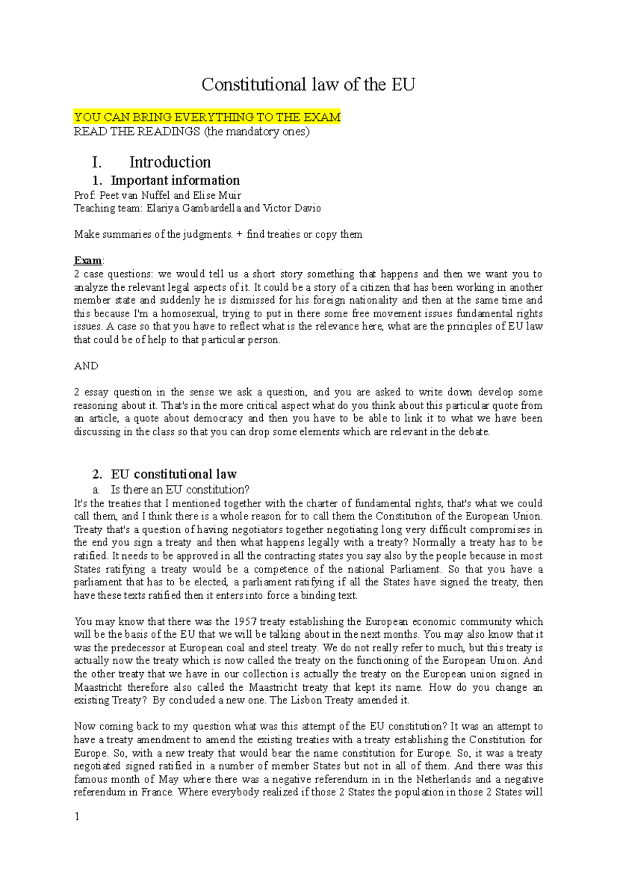 Constitutional law of the EU - Introduction 1. Important information ...