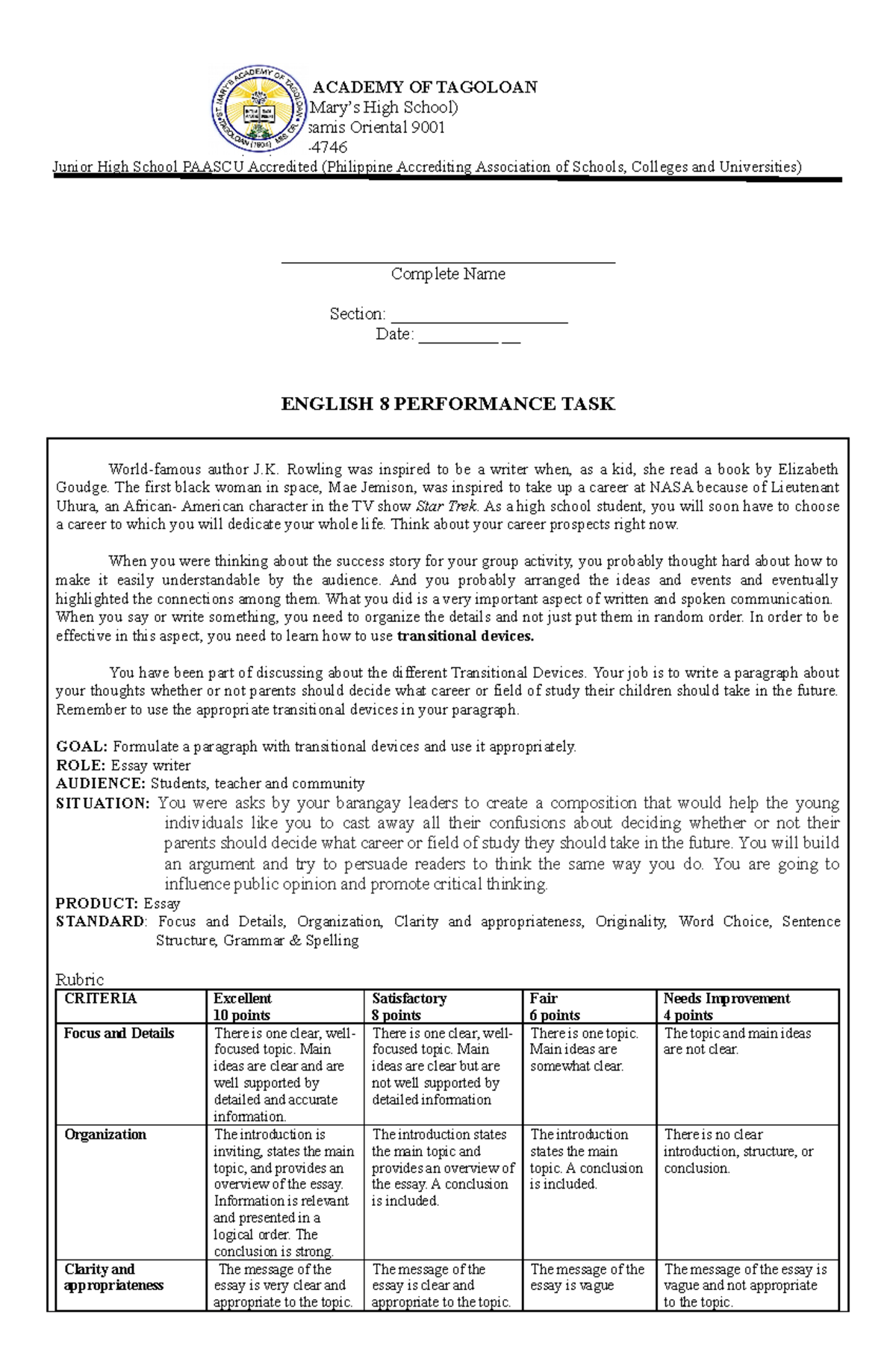 Criteria Sample - ST. MARY’S ACADEMY OF TAGOLOAN (Formerly St. Mary’s ...