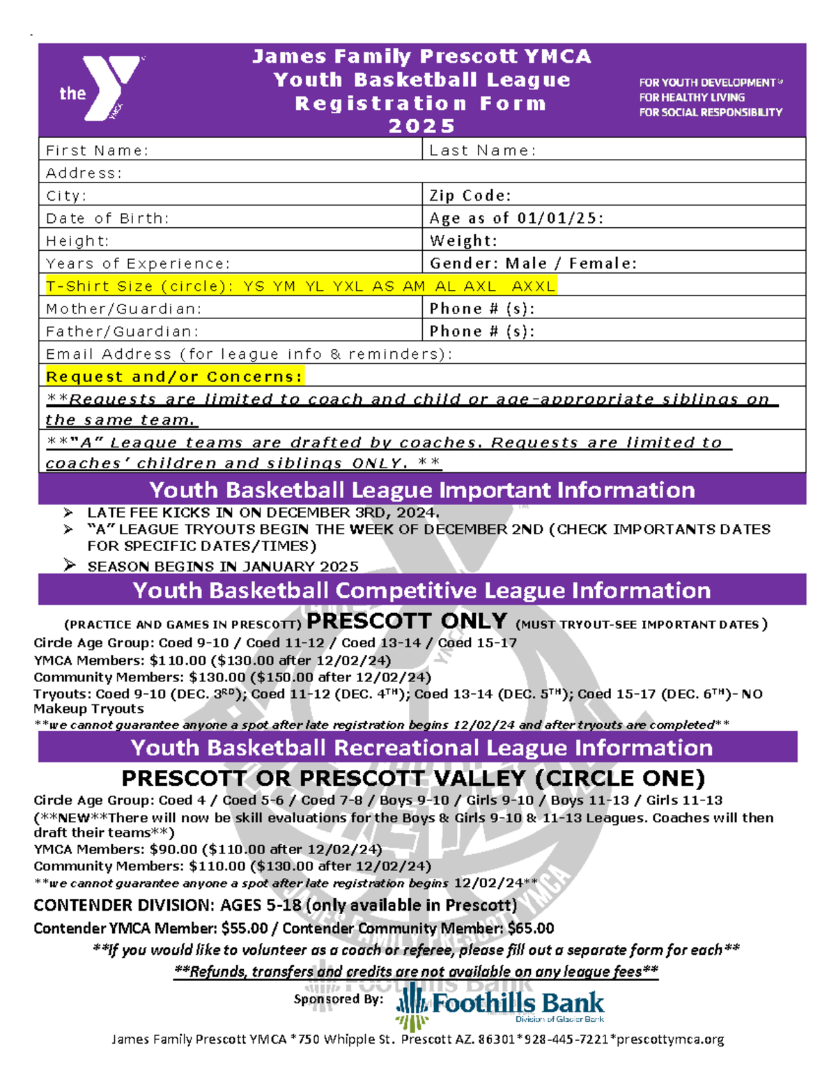 2025 - Youth Basketball League Registration Form - 1dd James Family Prescott YMCA Youth ...