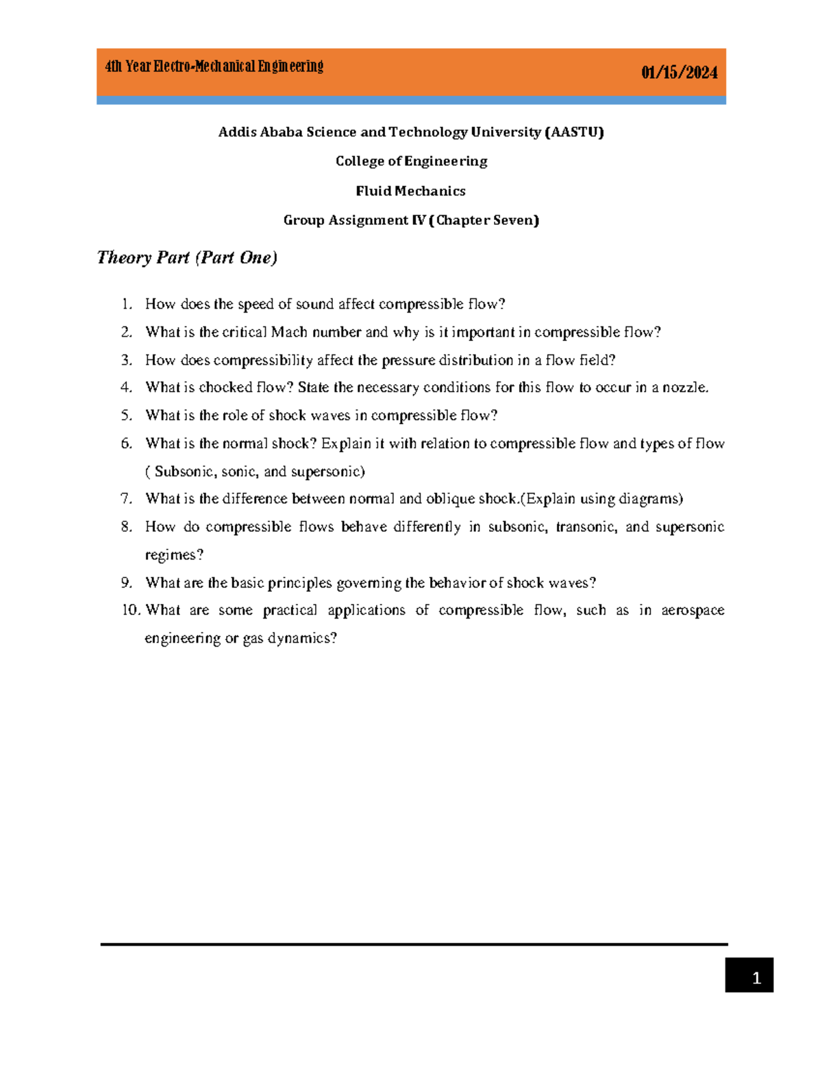 Group Assignment IV - fluid mechanics course - Addis Ababa Science and ...