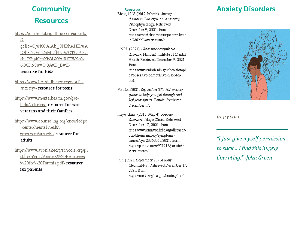 Anxiety Brochure - Psychology - Community Resources join ...
