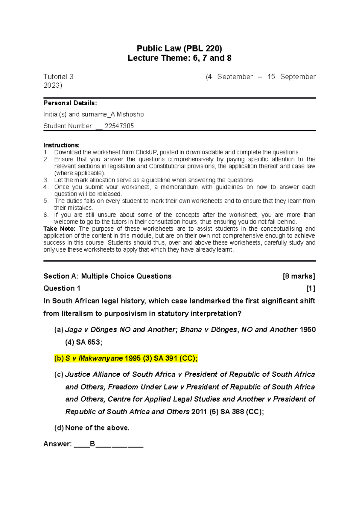 Tutorial 3 PBL 220 2023 - try it - Public Law (PBL 220) Lecture Theme: 6, 7 and 8 Tutorial 3 (4 ...