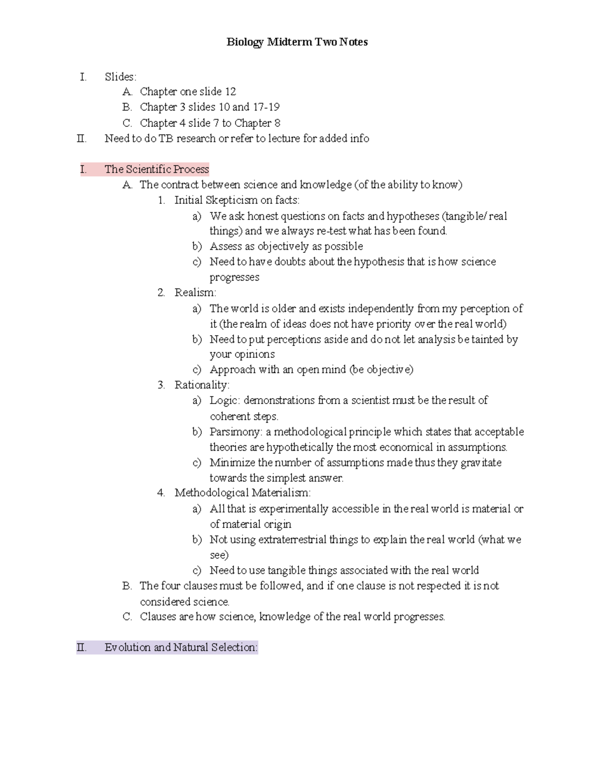 Biology Midterm 2 Notes for studying - I. Slides: A. Chapter one slide ...