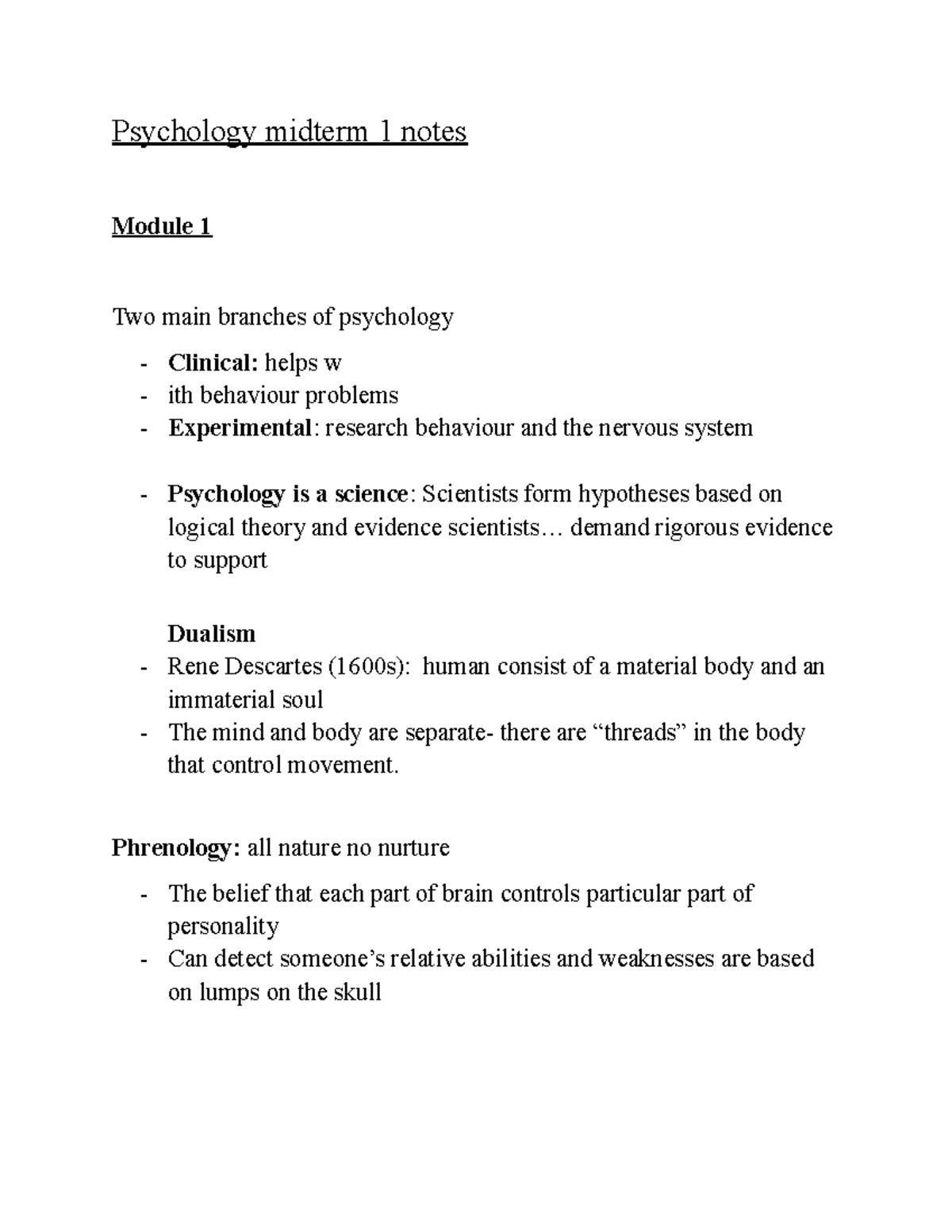 Psych 101 Midterm Notes - Psychology midterm 1 notes Module 1 Two main ...