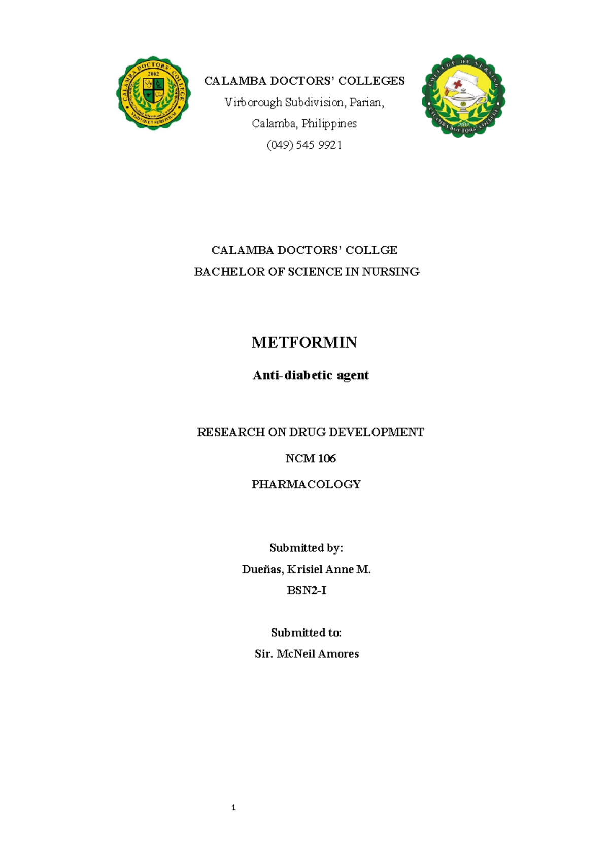 Metformin DRUG Study - CALAMBA DOCTORS’ COLLEGES Virborough Subdivision ...