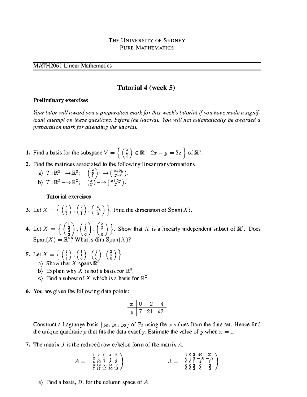 Tut04 - Tutorial Material - THE UNIVERSITY OF SYDNEY PURE MATHEMATICS MATH2061 Linear ...