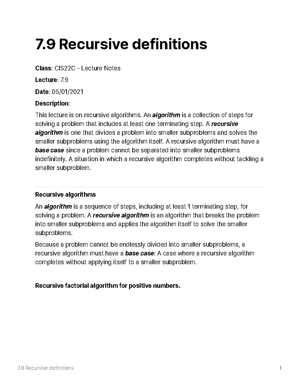 7.9 Recursive definitions - 7 Recursive definitions Class : CIS22C ...