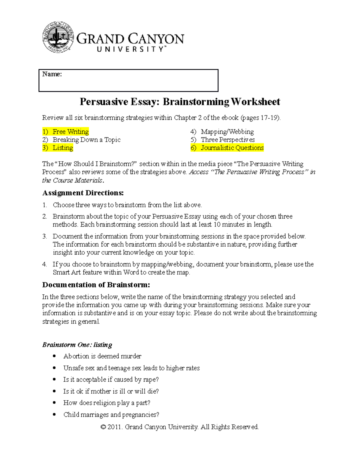 PHI105 T2 Brainstorming Worksheet - Name: Persuasive Essay ...
