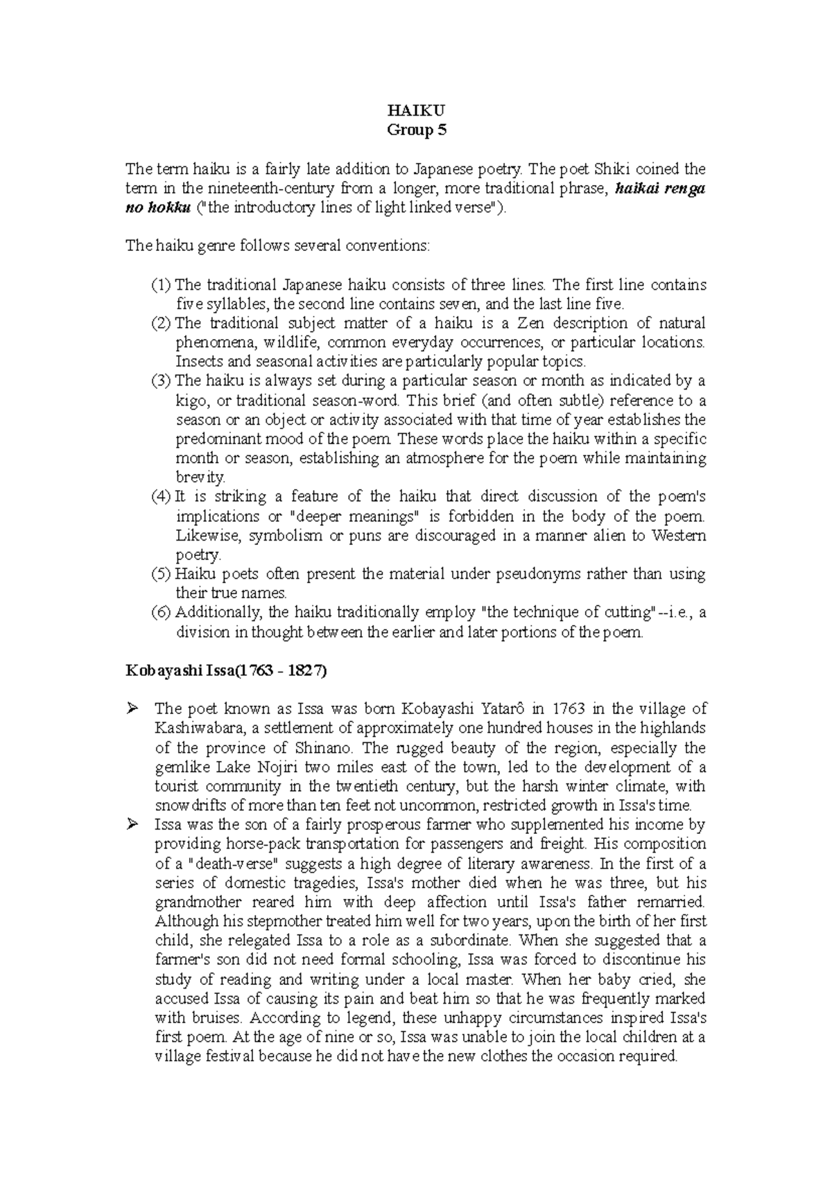 Haiku Written Notes - HAIKU Group 5 The term haiku is a fairly late ...