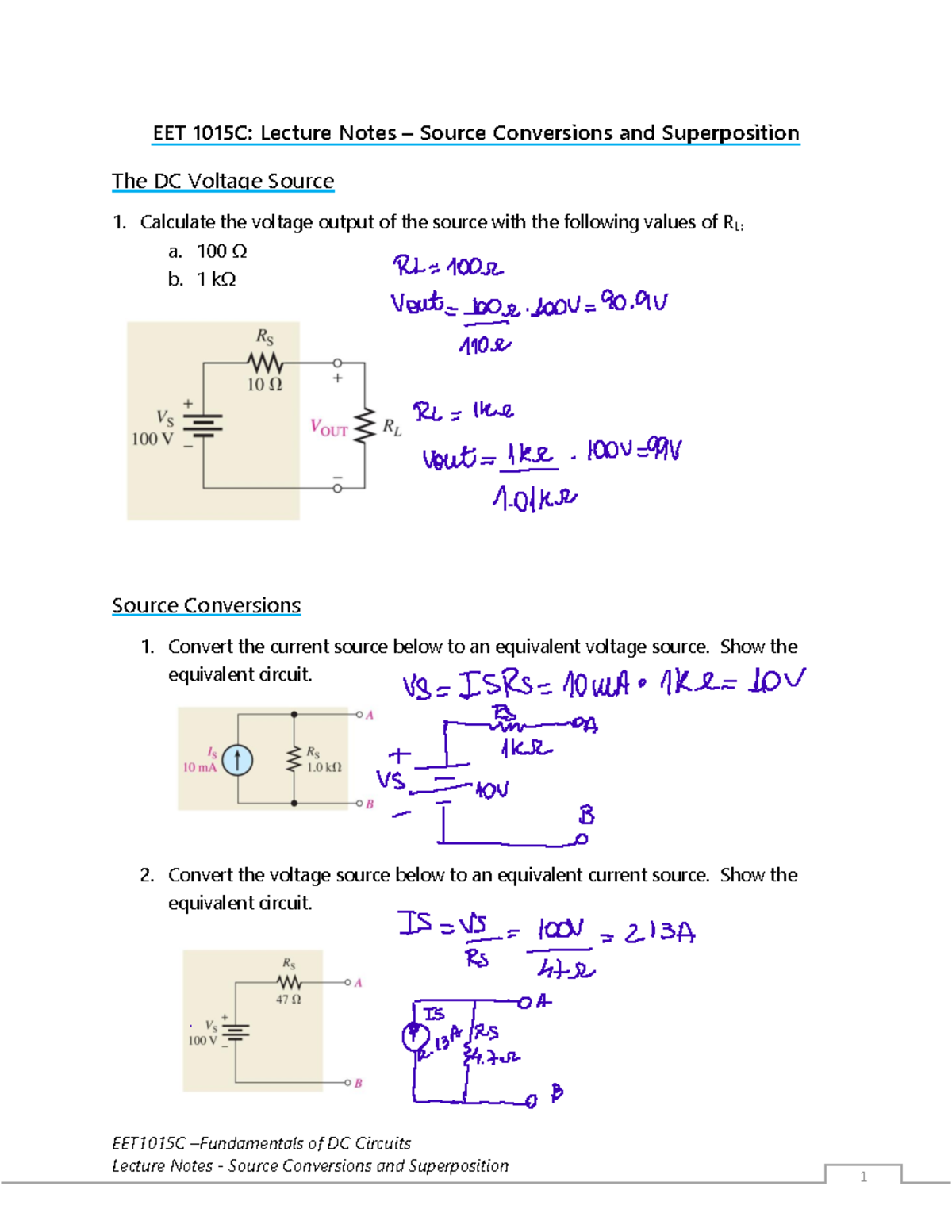 Eet 1015c Lecture Notes Source Conversions And Superposition Eet1015c Fundamentals Of Dc 3308