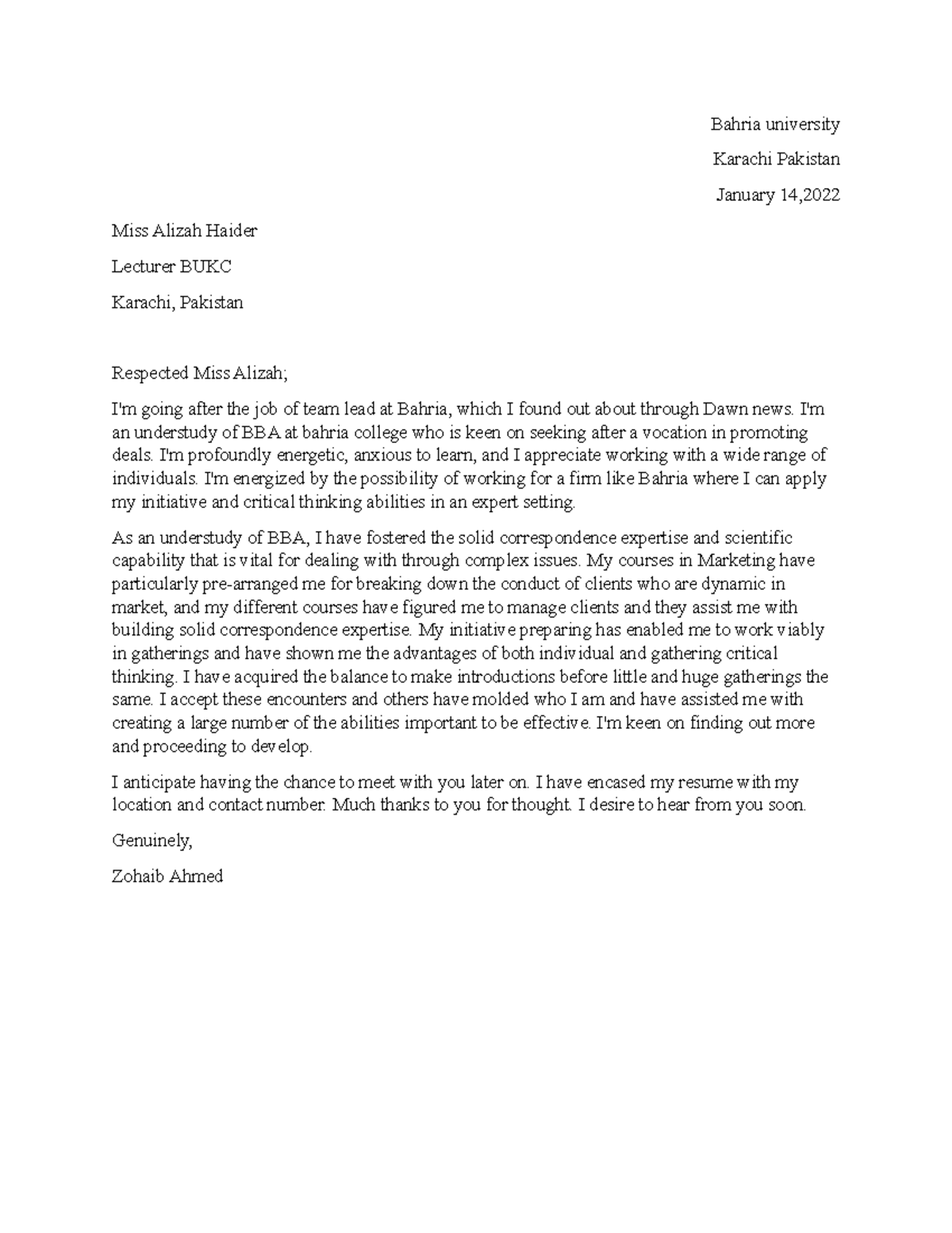 Cover letter zohaibahmed - Bahria university Karachi Pakistan January ...