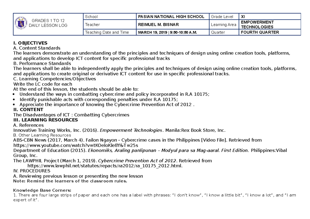 Lesson Plan in Empowerment Technologies - GRADES 1 TO 12 DAILY LESSON ...