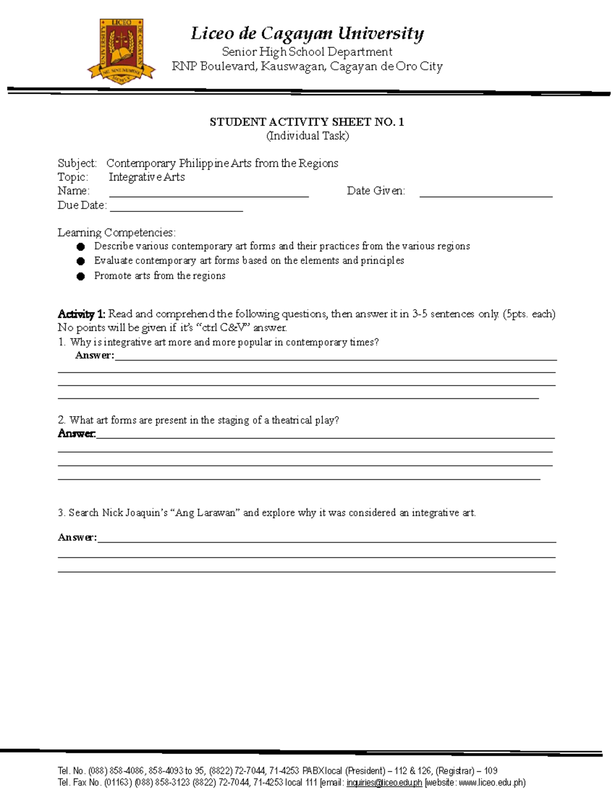 Lesson 1 Activity Sheet - Senior High School Department RNP Boulevard ...