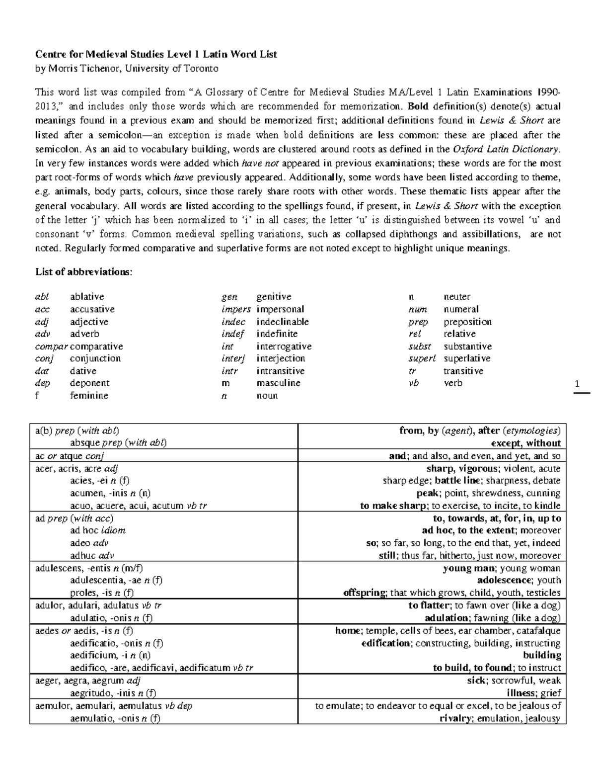 Level 1 Latin Word List by Morris Tichenor - Bold definition(s) denote ...