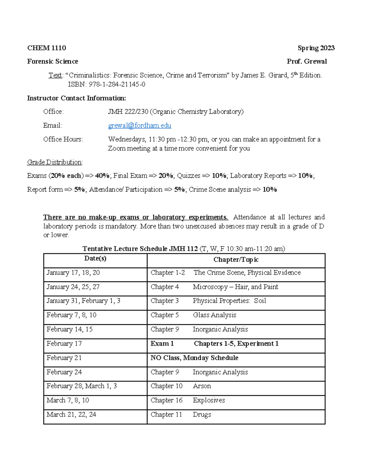 Forensic Science Spring 2023- syllabus - Tagged - CHEM 1110 Spring 2023 ...