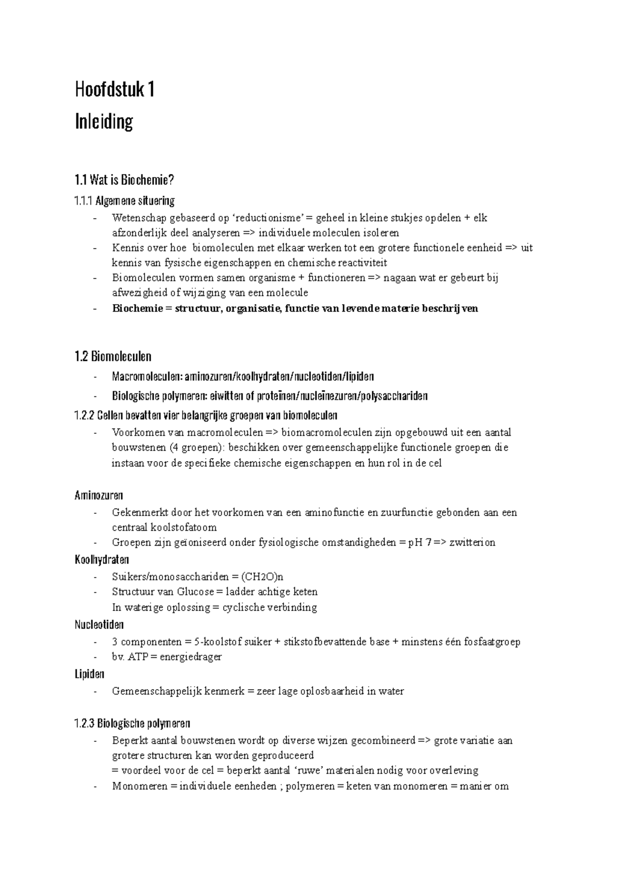 Samenvatting biochemie - Hoofdstuk 1 Inleiding 1 Wat is Biochemie? 1.1 ...