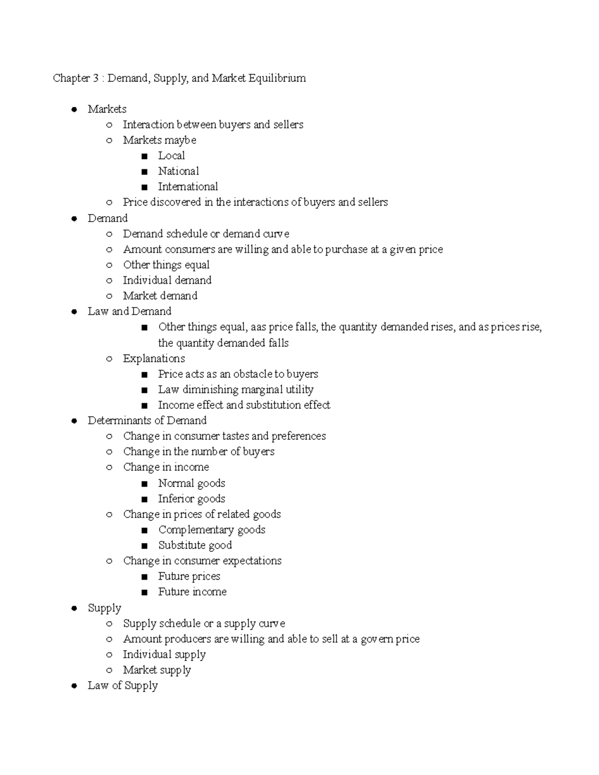 ECON102 - Chapter 3 Notes - Chapter 3 : Demand, Supply, and Market ...