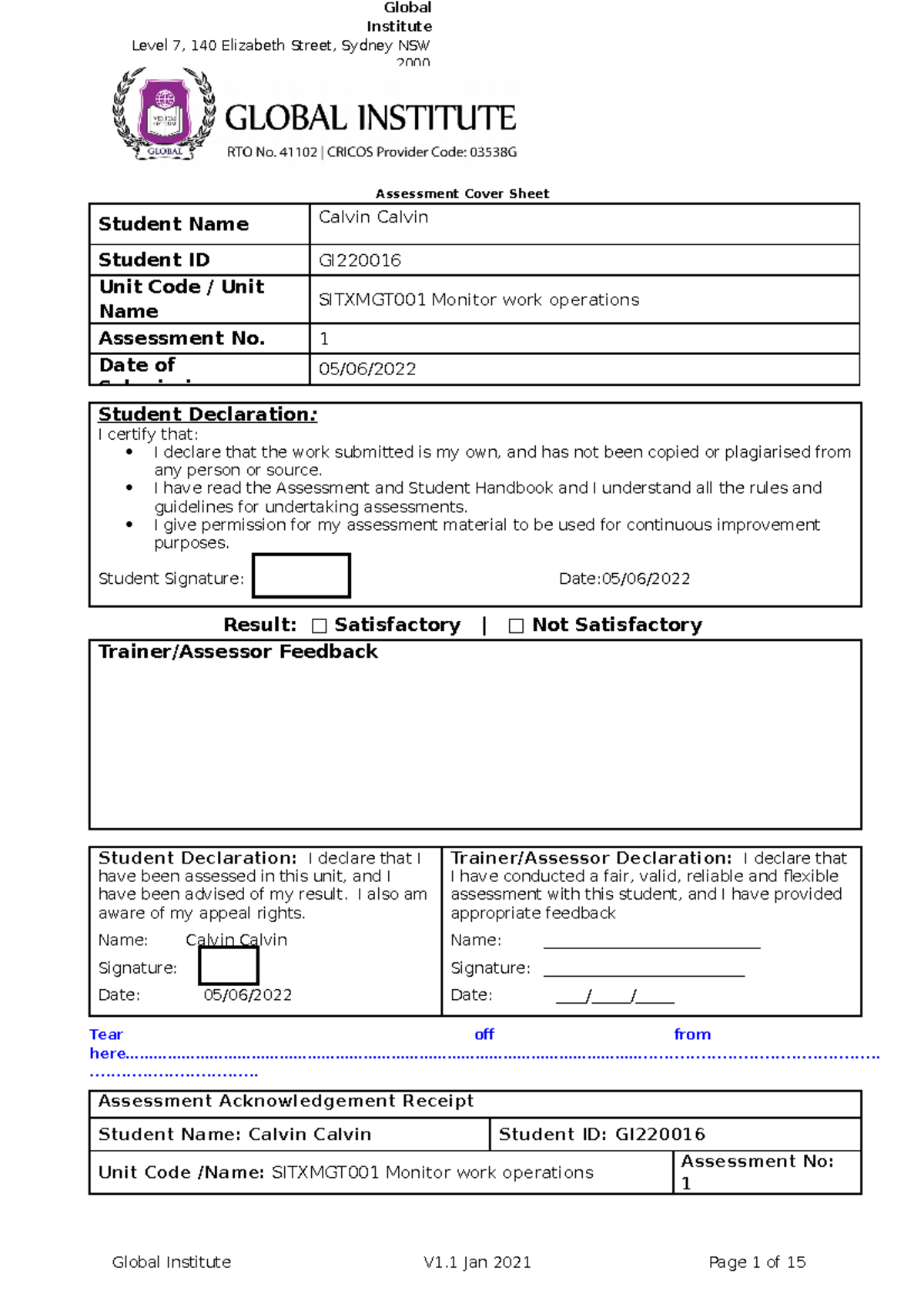 Sitxmgt 001 Assessment task 1 global V1.1 Jan 21 - Global Institute Level 7, 140 Elizabeth ...