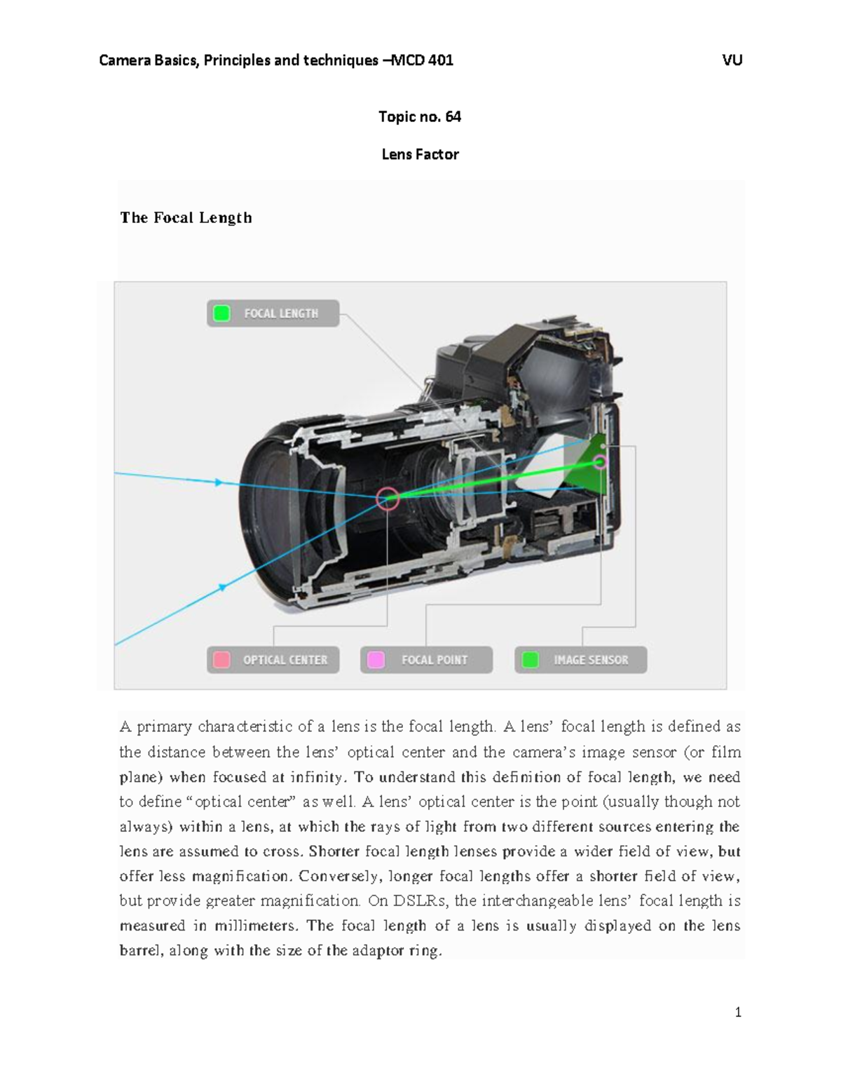 Topic no 64 - none - Camera Basics, Principles and techniques – MCD 401 ...