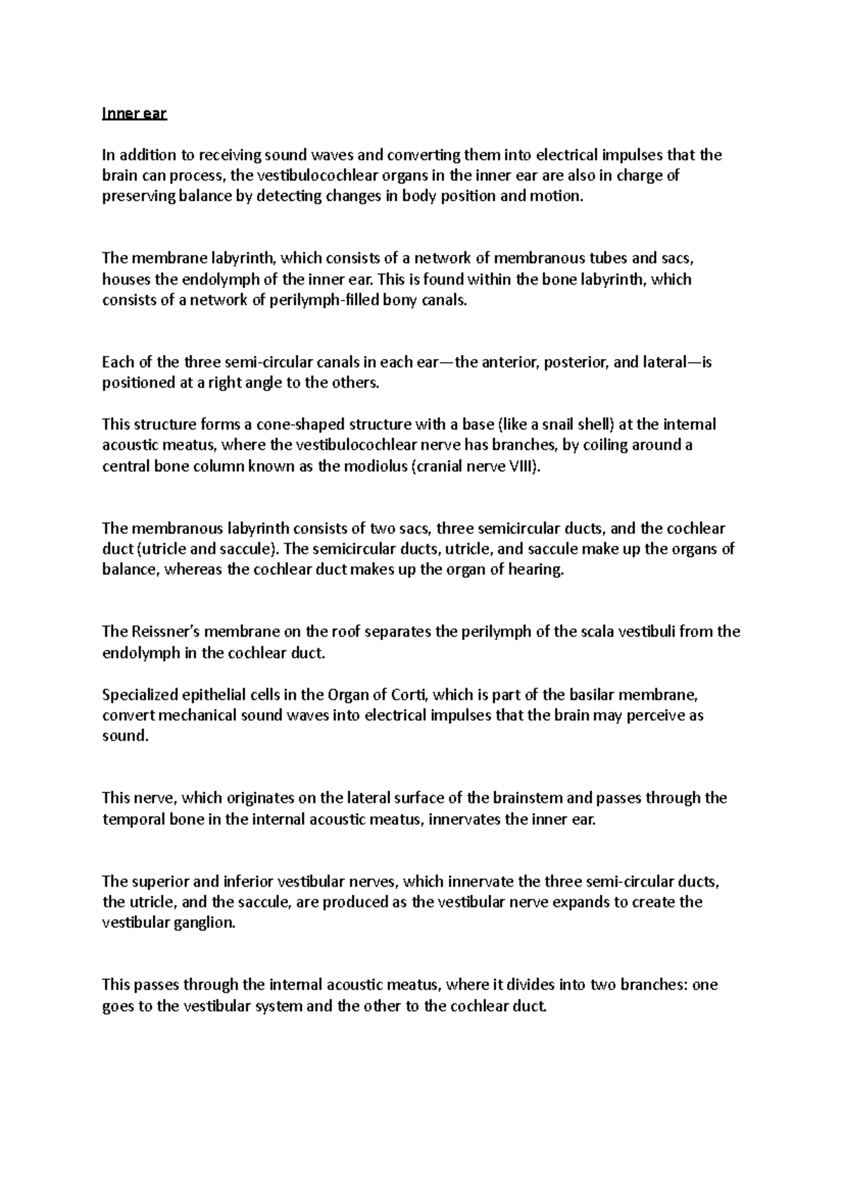 Inner ear - anatomy notes - Inner ear In addition to receiving sound ...