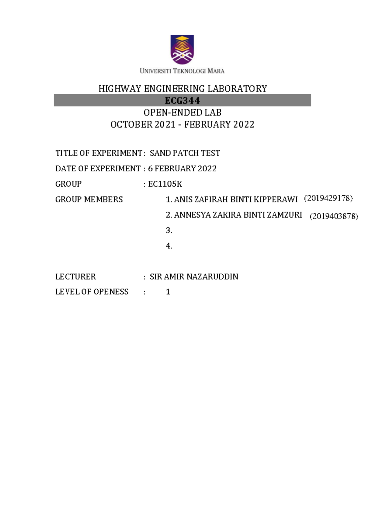 LAB Report SAND Patch TEST - HIGHWAY ENGINEERING LABORATORY ECG OPEN ...