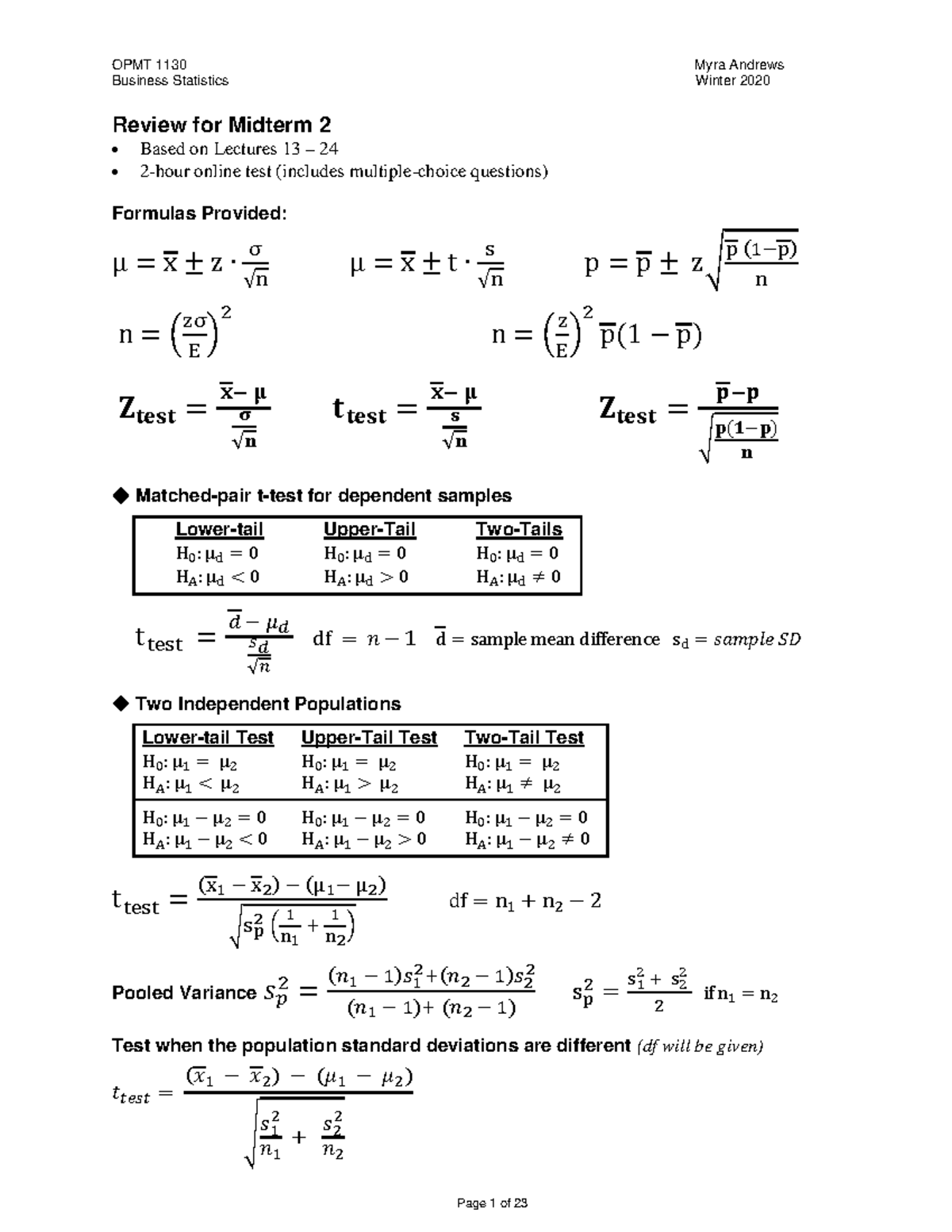 Midterm 2 Practice Tests OPMT 1130 Business Statistics - Business ...