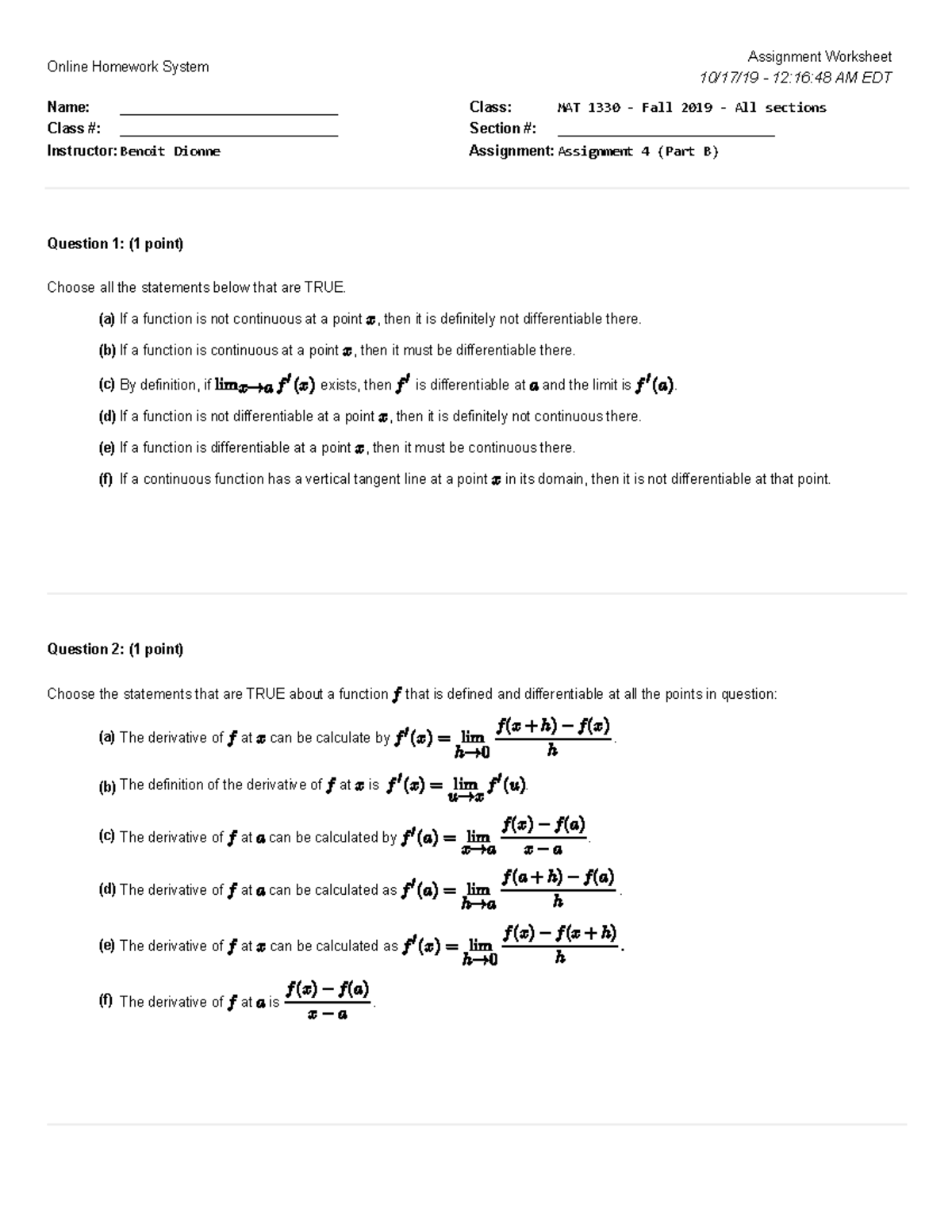 Mobius 4B assignment - Online Homework System Assignment Worksheet 10 ...