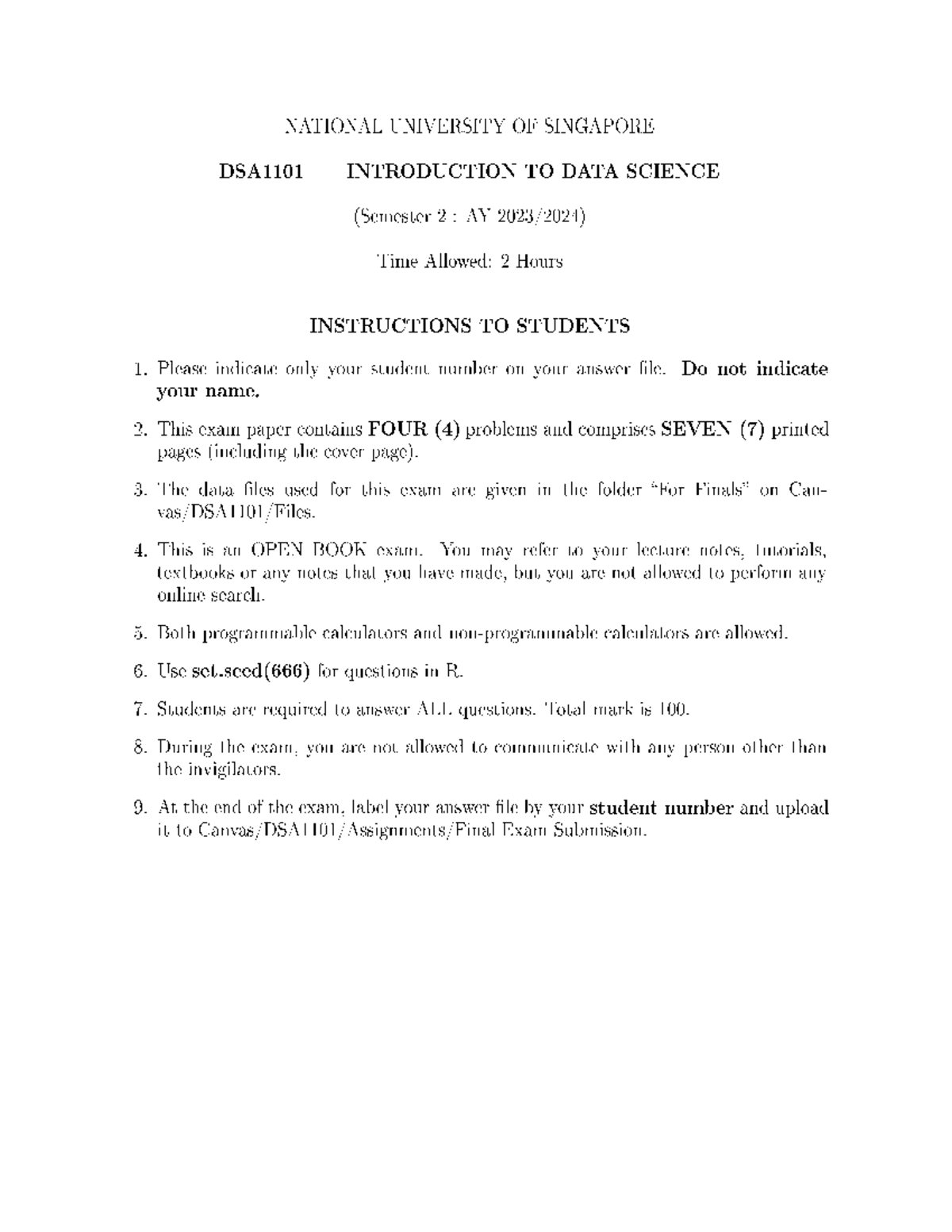 2320 - pyp - NATIONAL UNIVERSITY OF SINGAPORE DSA1101 INTRODUCTION TO DATA SCIENCE (Semester 2 ...