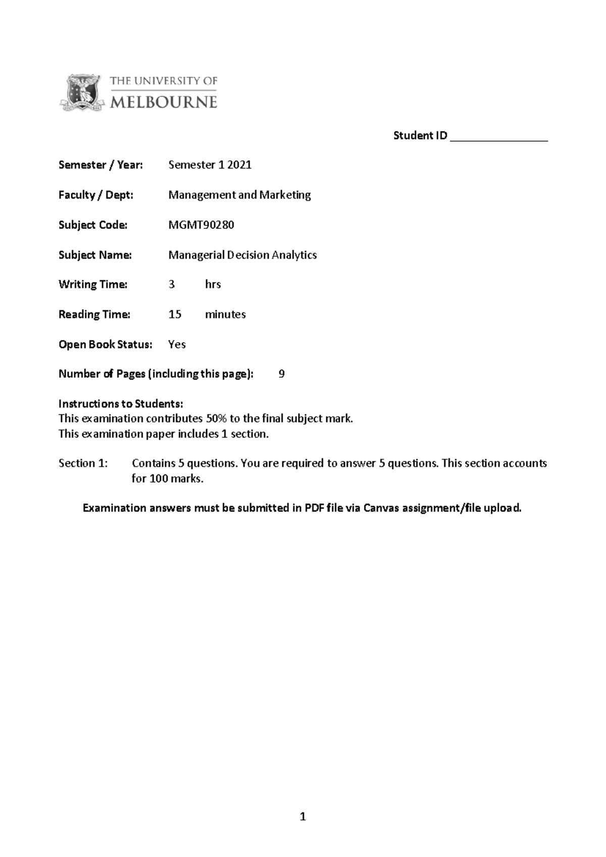 MGMT90280 2021 S1 Exam Normal - Student ID ________________ Semester ...