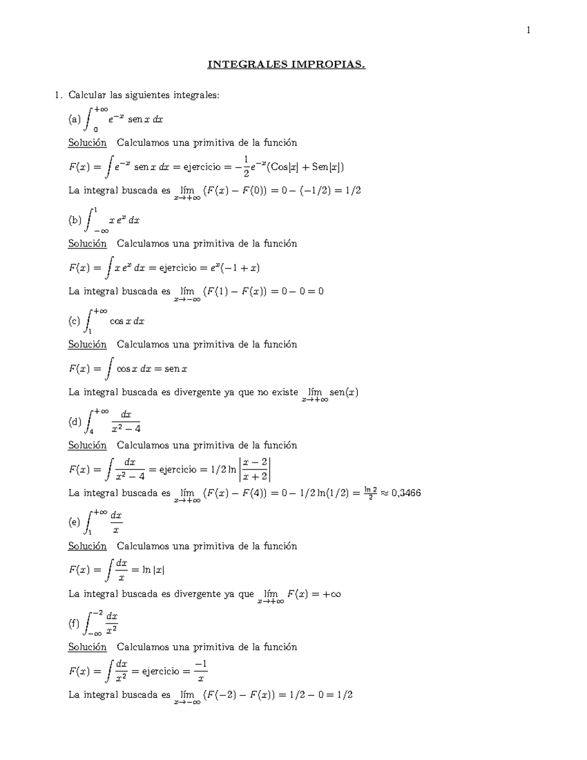 Integrales Impropias problemas resueltos - INTEGRALES IMPROPIAS ...