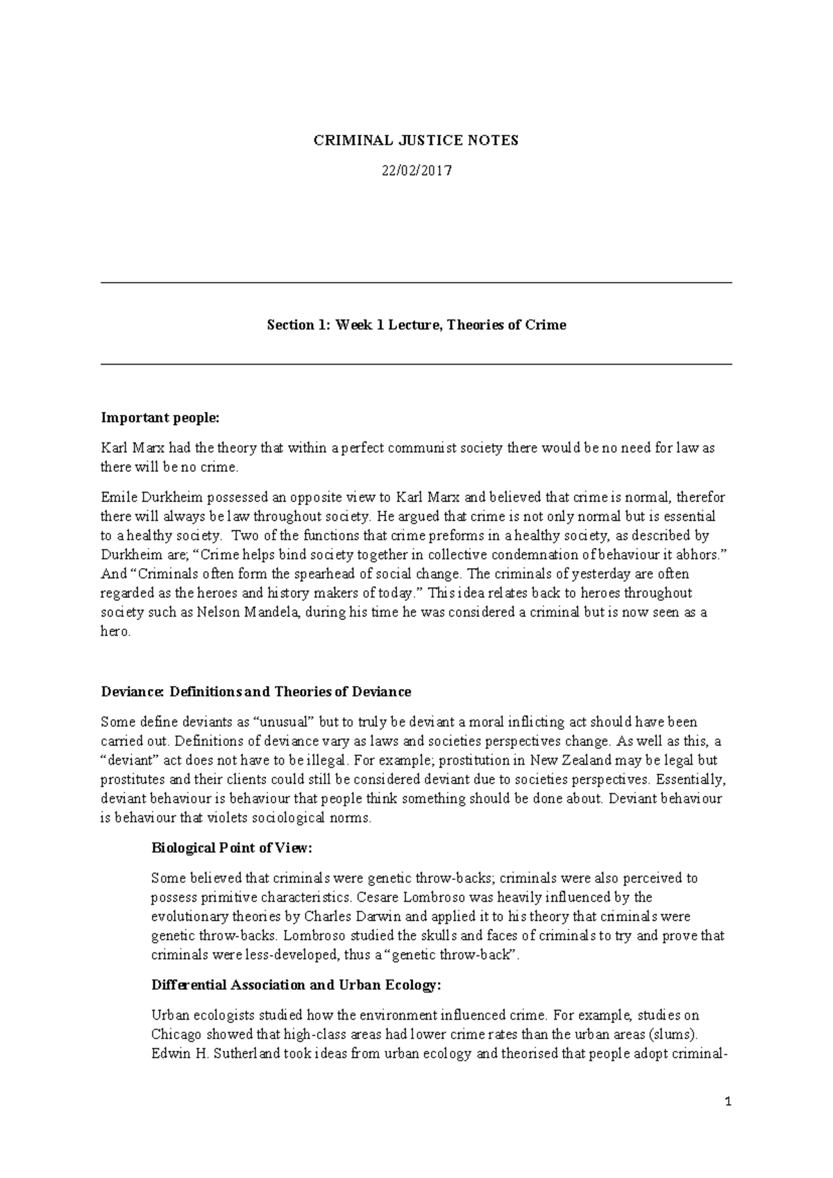 Criminal Justice Notes 1 - Theories of Crime - CRIMINAL JUSTICE NOTES ...