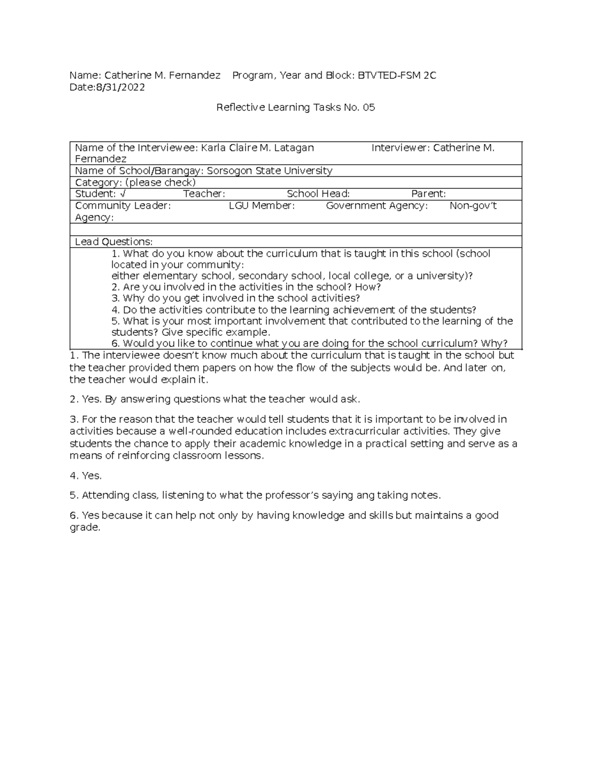 Reflective Learning Tasks No. 05 - Name: Catherine M. Fernandez Program ...