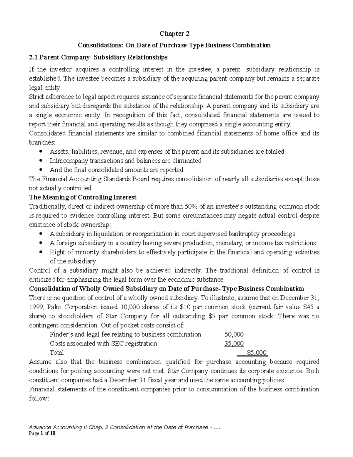 1 Chapter 2 Consolidation I - Chapter 2 Consolidations: On Date of ...