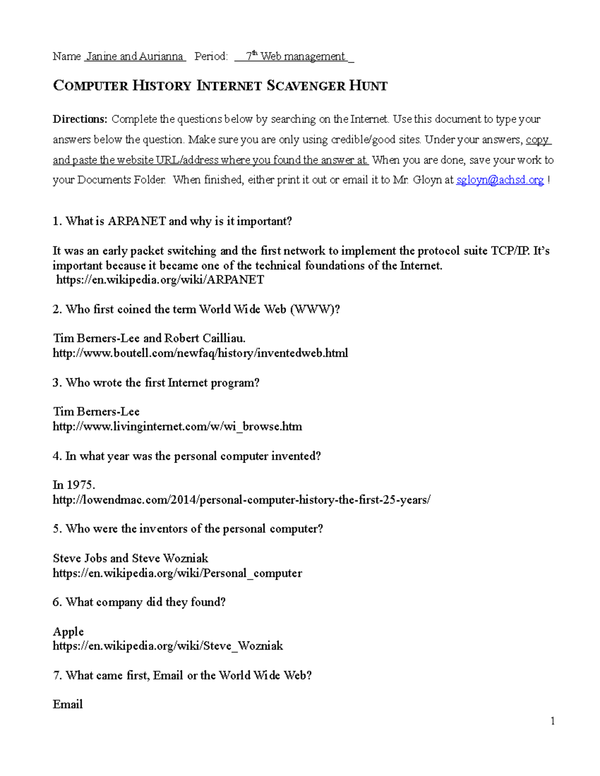 Internet Scavenger Hunt 30 questions about the Internet - Name Janine ...