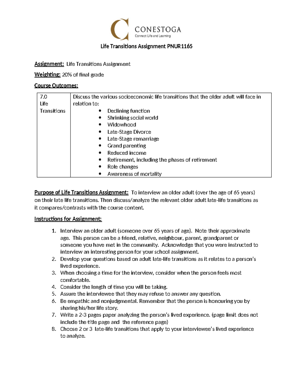 Life Transitions Paper Outline 21 - Life Transitions Assignment PNUR ...