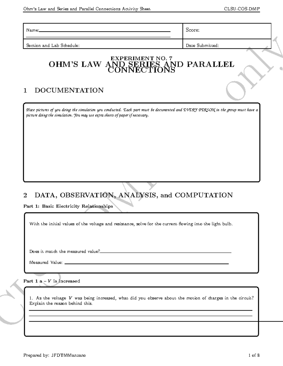 OHMS LAW AND Series AND Parallel Connections Activity Sheet - CLSU DMP ...