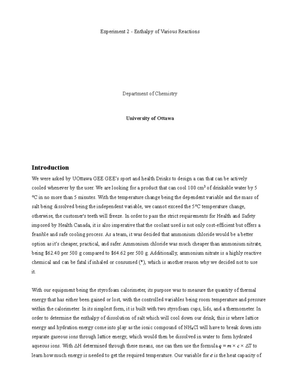 Enthalpy of Various Reactions - Experiment 2 - Enthalpy of Various ...
