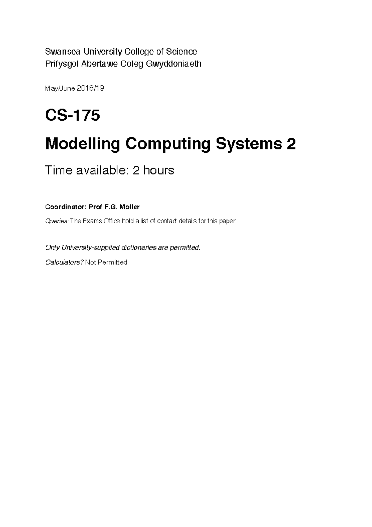 CS-175 Exam 1819, May/June - Swansea University College of Science ...
