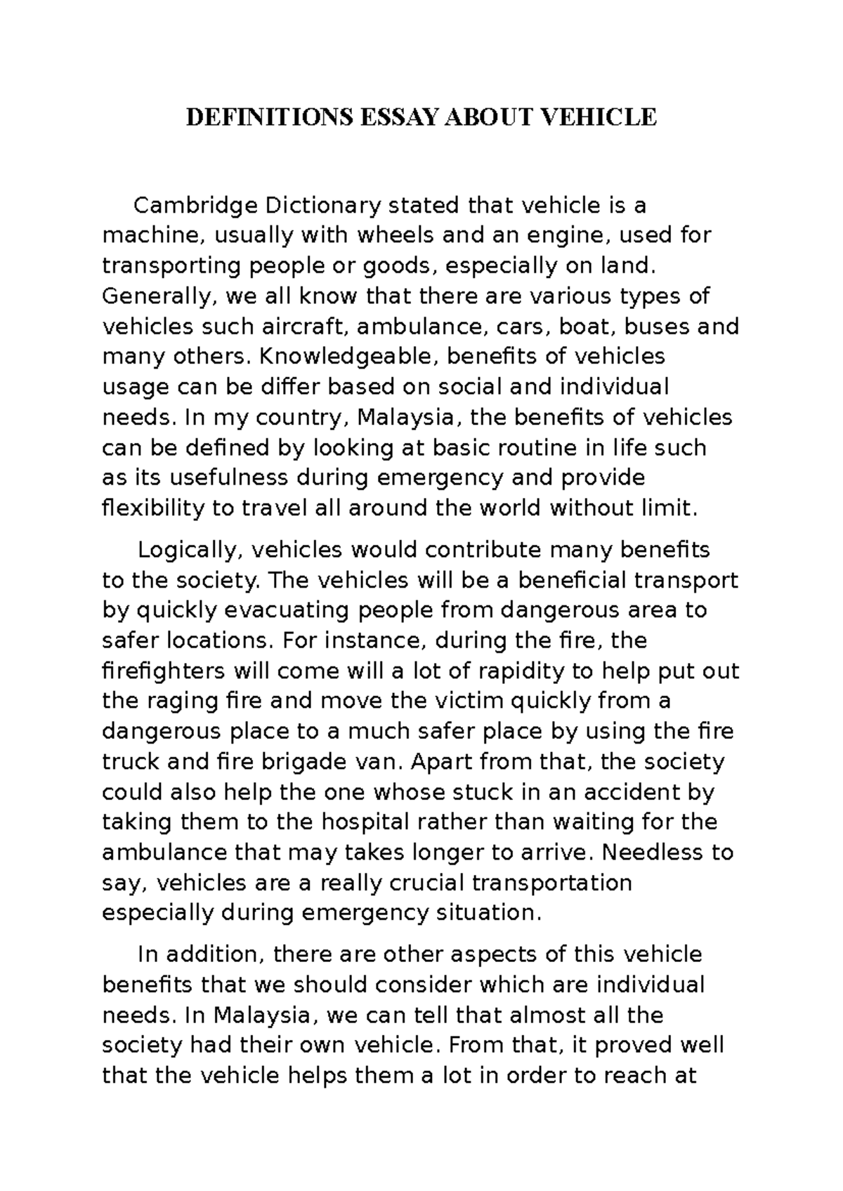 Definitions Essay About Vehicle - DEFINITIONS ESSAY ABOUT VEHICLE ...