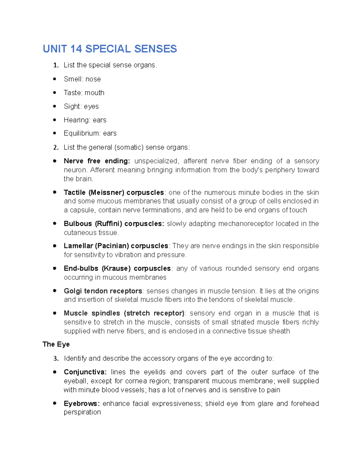 Anat 1052 Unit 13 Notes Unit 14 Special Senses List The Special Sense Organs Smell Nose 