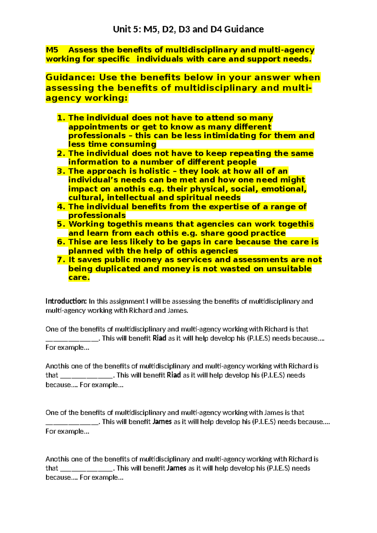 D2 D3 and D4 Unit 5 2022(2) - M5 Assess the benefits of multidisciplinary and multi-agency ...