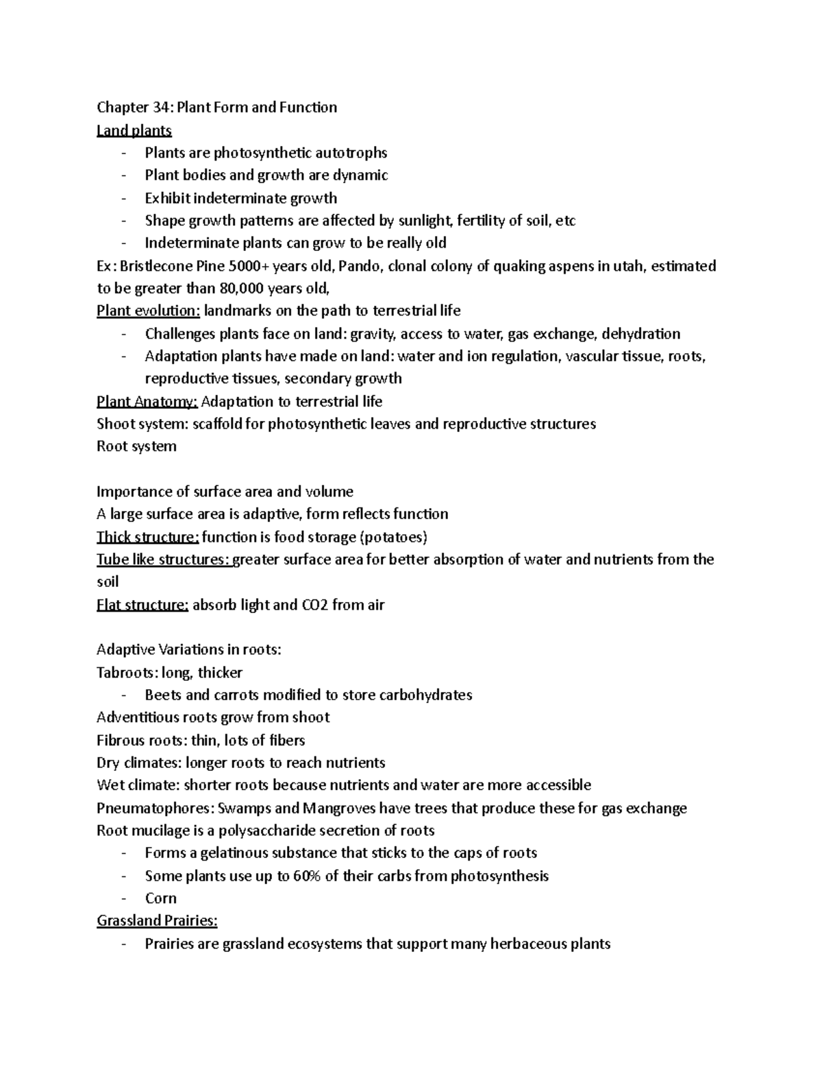 BIO 213 - Chapter 34: Plant Form and Function Chapters 1-2 Notes ...