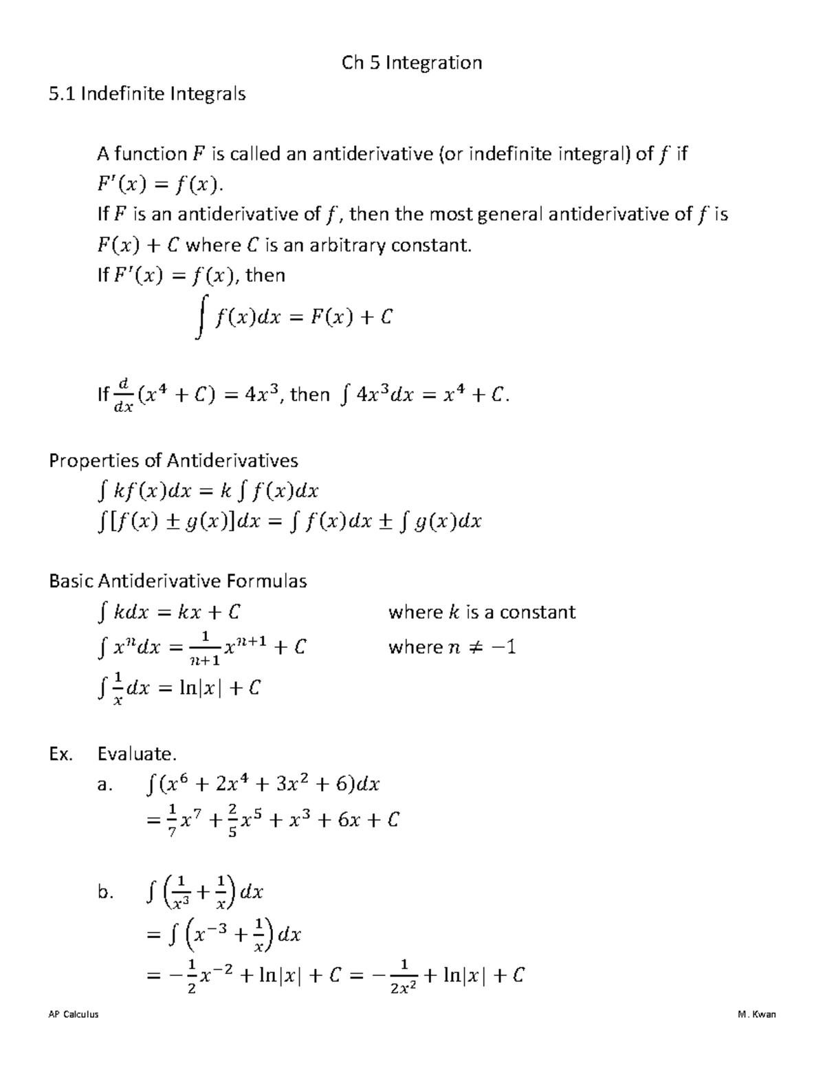 Apcal 12 Integration - Notes - Ch 5 Integration 5 .1 Indefinite ...