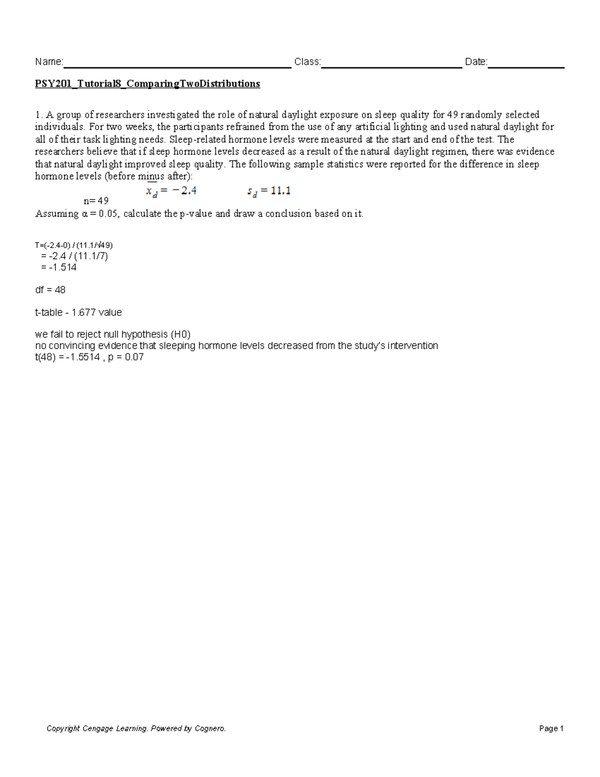 PSY201 Tutorial 8 Comparing Two Distributions - Name: Class: Date ...