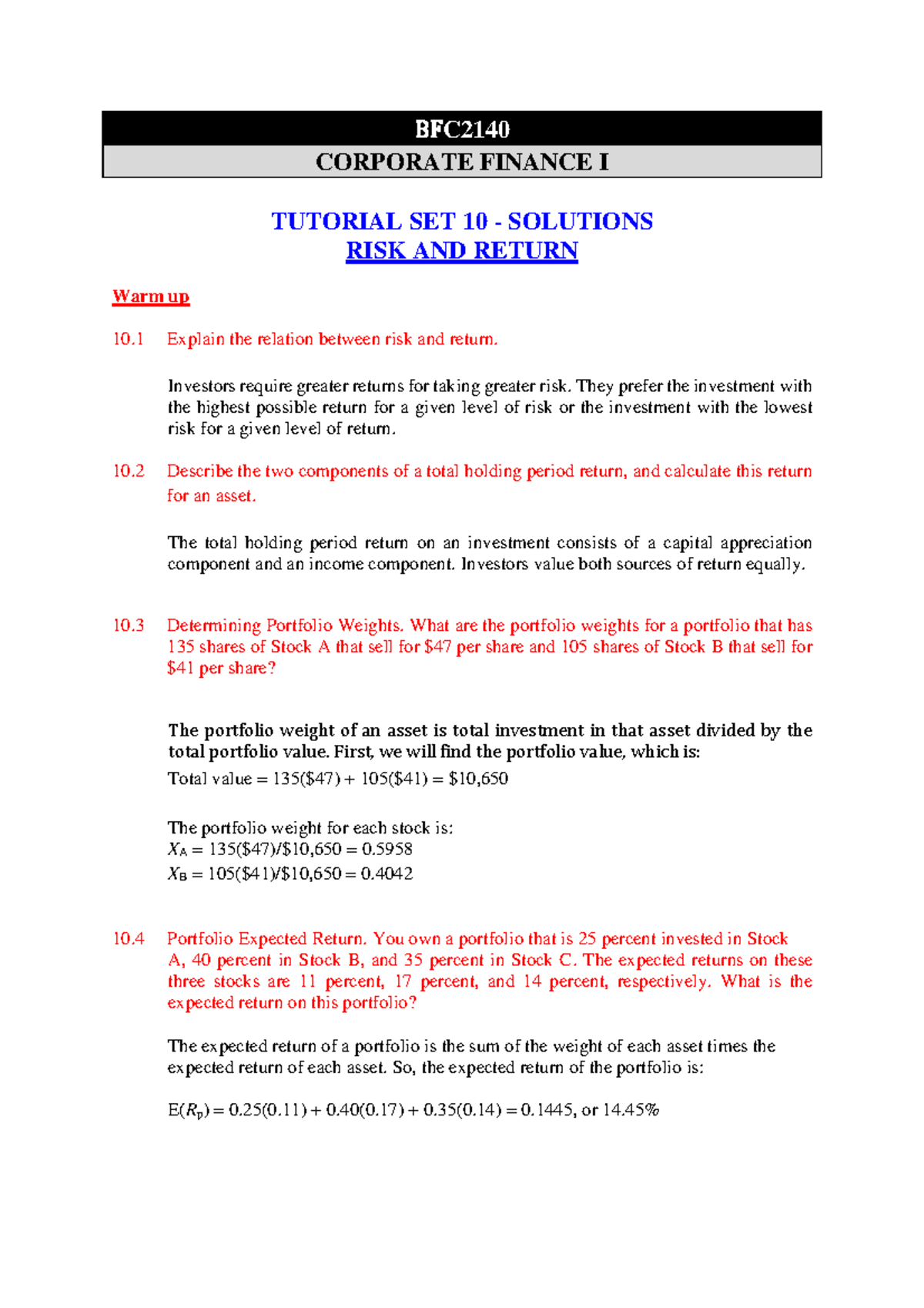 BFC2140 Tutorial SET 10 Solutions Final - BFC 2140 CORPORATE FINANCE I TUTORIAL SET 10 ...